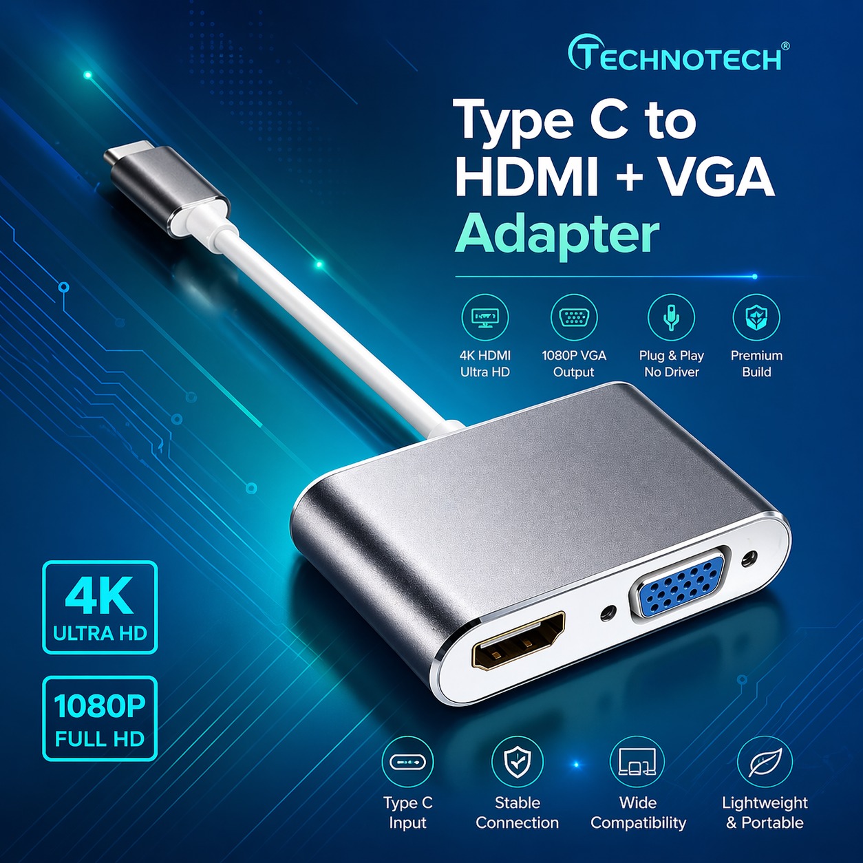 Type C to HDMI VGA Adapter – High-Speed Reliable 2-in-1 USB-C Converter